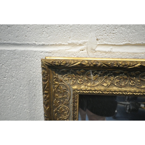 A RECTANGULAR GILT FRAME BEVELLED EDGE WALL MIRROR, 106cm x 75cm, a gilt framed overmantel mirror, a