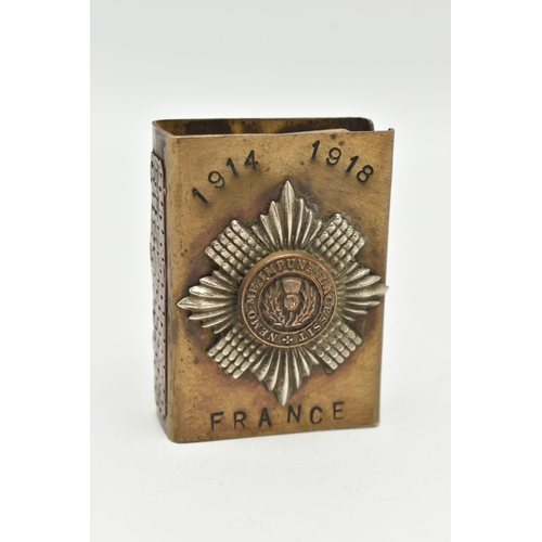 A WWI TRENCH ART BRASS MATCHBOX SLEEVE WITH SCOTS GUARD BADGE TO THE ...