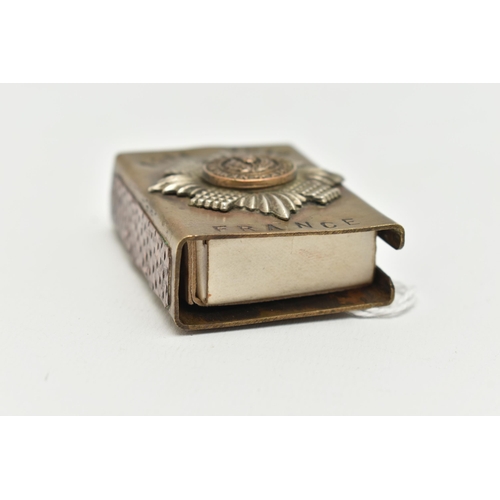 A WWI TRENCH ART BRASS MATCHBOX SLEEVE WITH SCOTS GUARD BADGE TO THE ...