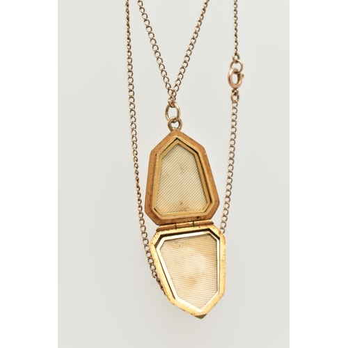 A 9CT GOLD LOCKET WITH CHAIN, unusual shape locket detailed with a ...