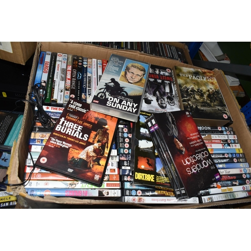 FOUR BOXES OF DVDS, CDS AND LOOSE ELECTRICAL EQUIPMENT, DVDs include ...