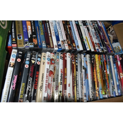 SIX BOXES OF PRE-RECORDED DVDS, mostly cinematic films to include ...