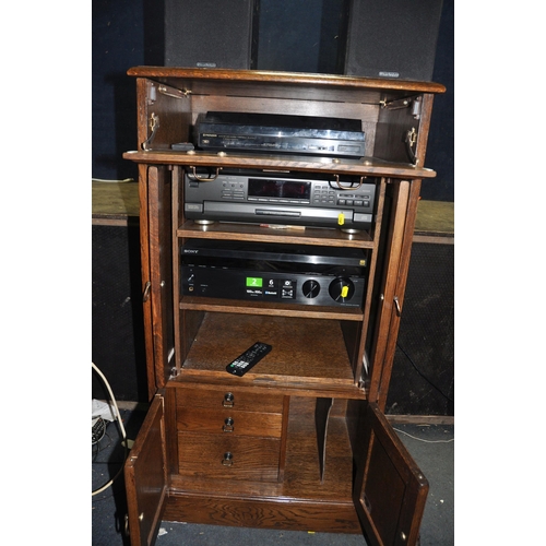 AN OAK HI FI CABINET CONTAINING SONY, TECHNICS AND PIONEER COMPONENT HI ...