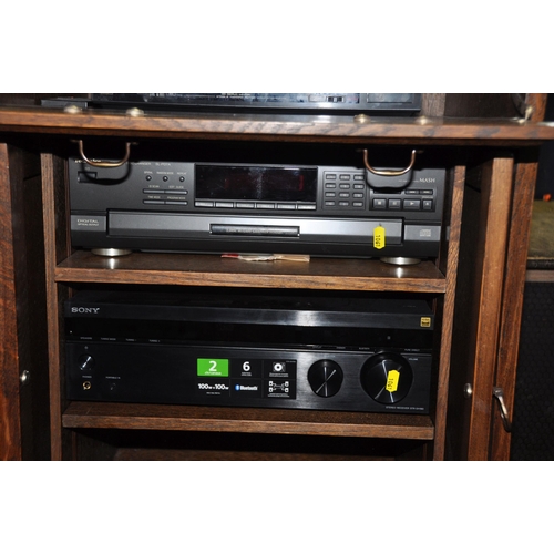 AN OAK HI FI CABINET CONTAINING SONY, TECHNICS AND PIONEER COMPONENT HI ...