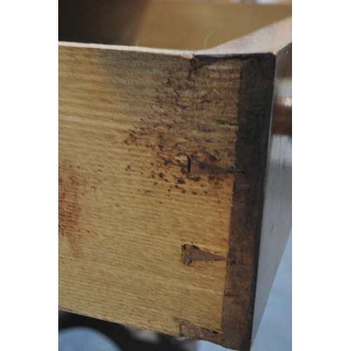 A VICTORIAN MAHOGANY SIDE TABLE, with a raised back, a single frieze ...