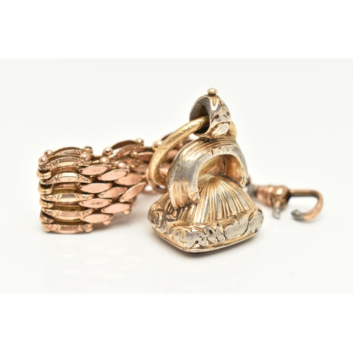 A GOLD PLATED FOB AND CHAIN, the fob set with a polished rectangular ...