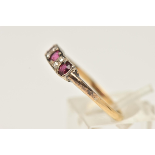 A YELLOW METAL RUBY AND DIAMOND RING, ring head of a rectangular form ...