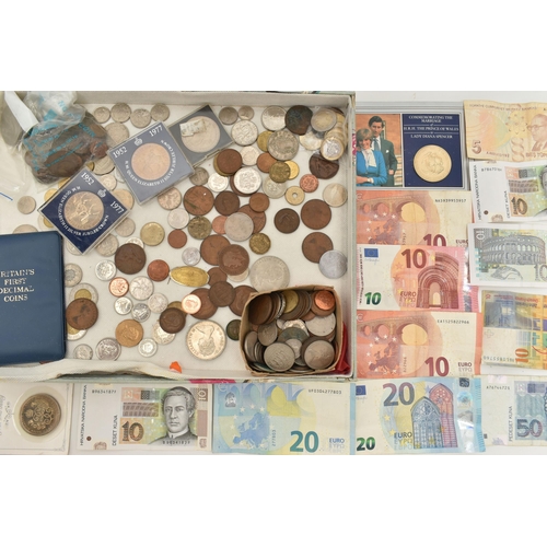 A CARDBOARD TRAY OF COINS AND BANKNOTES, to include over seventy Euro ...