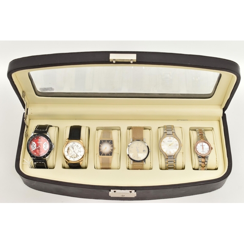 A WATCH BOX WITH GENTS WRISTWATCHES, six storage box with cushions ...