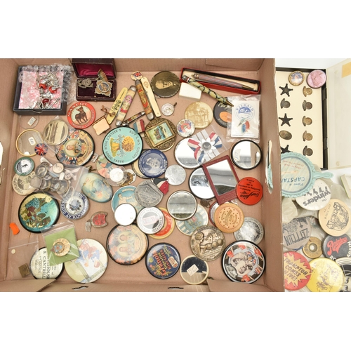 A BOX OF ASSORTED ITEMS, to include a selection of photo pendants and ...