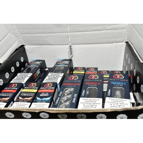 A BOX OF BOXED VAPING EQUIPMENT, to include Aqua Vape E Liquid, Aqua ...