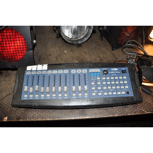 A COLLECTION OF STAGE LIGHTING including two Showtec Multi Dim IEC mk2 dimmer packs, two lightings b