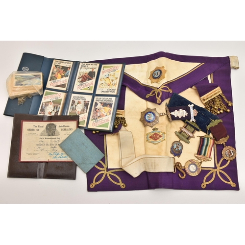 A SMALL ASSORTMENT OF MASONIC REGALIA, to include an apron, a silver 78 ...