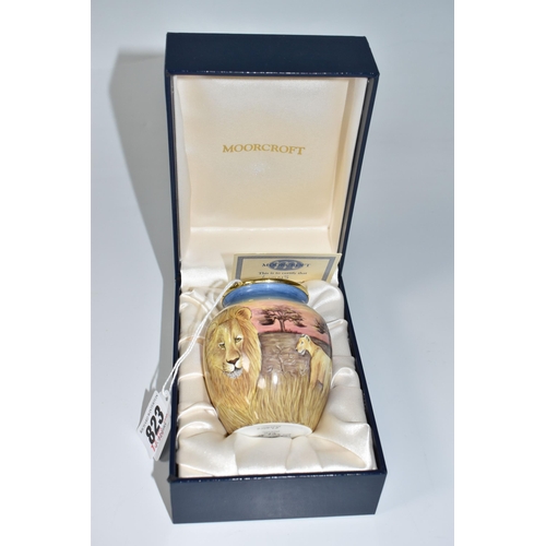 A BOXED MOORCROFT ENAMELS LIMITED EDITION 'LIONS' VASE, the baluster ...