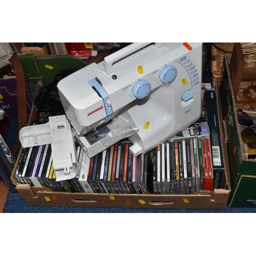 THREE BOXES AND LOOSE MISCELLANEOUS SUNDRIES, to include a Janome ...
