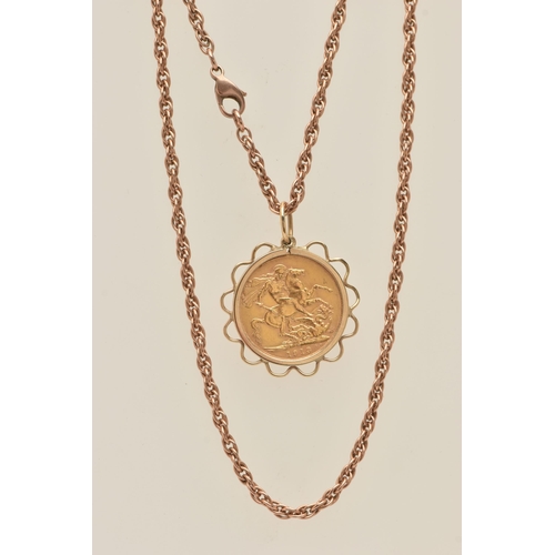 A FULL SOVEREIGN COIN PENDANT WITH CHAIN, the full sovereign dated 1913 ...