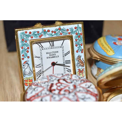 A GROUP OF FIVE HALCYON DAYS ENAMEL TRINKET POTS AND CLOCKS to include ...