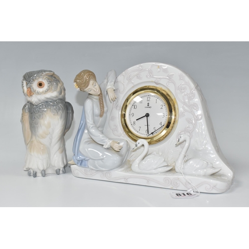 A LLADRO MANTEL CLOCK AND A NAO OWL comprising a ceramic Lladro clock ...