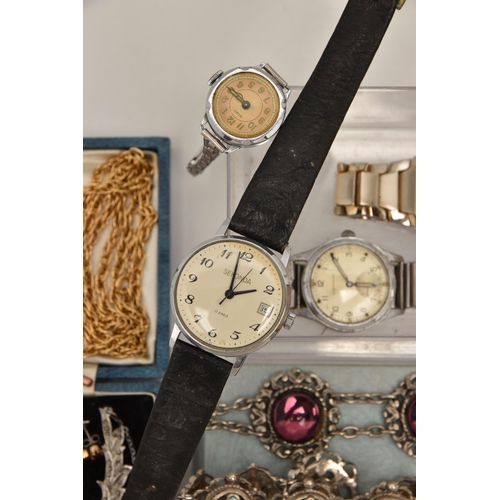AN ASSORTMENT OF WATCHES AND COSTUME JEWELLERY, to include a selection ...