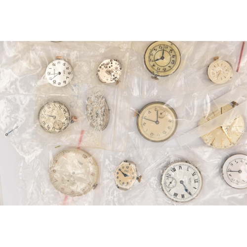 A LARGE SELECTION OF WATCH MOVEMENTS, a bag of movements names to ...