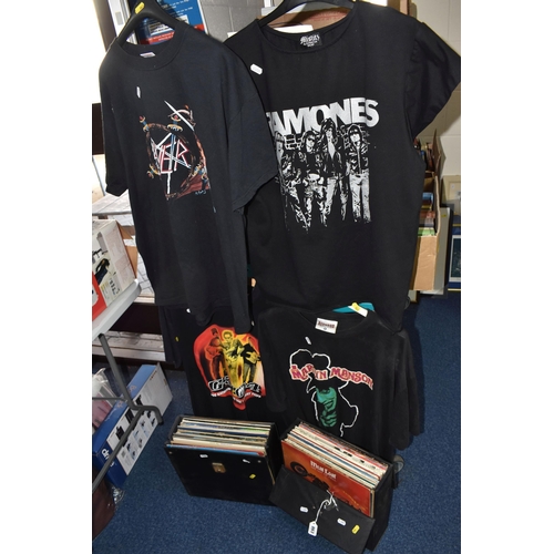 TWO CASES OF RECORDS AND FOUR BAND T-SHIRTS comprising two Elton John ...