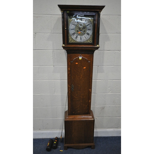 A GEORGIAN OAK CASED EIGHT DAY LONGCASE CLOCK, the square hood with ...