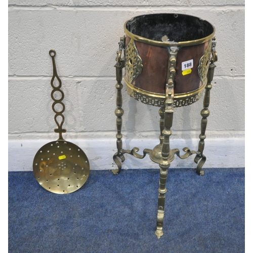 A COPPER AND BRASS MANGLE / BRAZIER, the copper bucket with twin brass ...