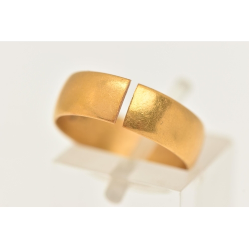 A WIDE 22CT GOLD BAND RING, AF split band, approximate band width 5.9mm ...