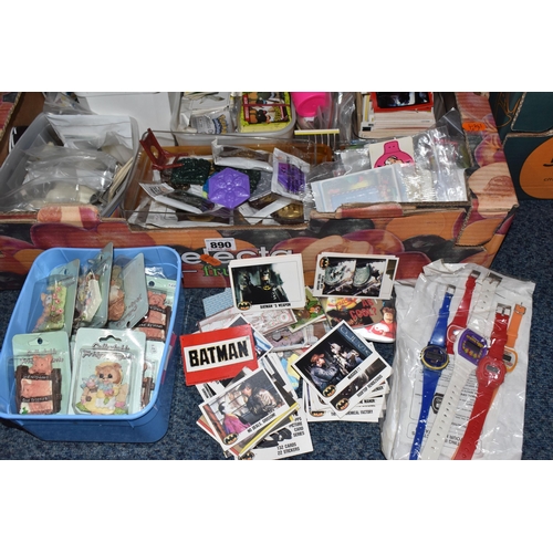 TWO BOXES OF BADGES, FRIDGE MAGNETS, TRADING CARDS, PROMOTIONAL GIFTS ...