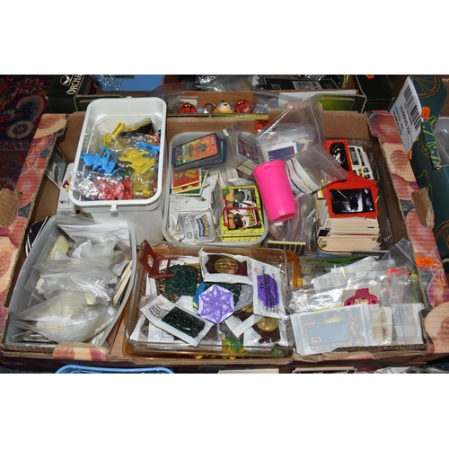 TWO BOXES OF BADGES, FRIDGE MAGNETS, TRADING CARDS, PROMOTIONAL GIFTS ...