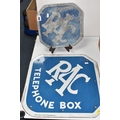 TWO VINTAGE RAC SIGNS comprising an enamel 'RAC Telephone Box' sign ...