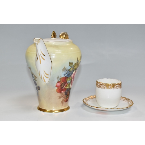 AN AYNSLEY CABBAGE ROSE AND POPPY GOLD COFFEE POT SIGNED J. A. BAILEY ...