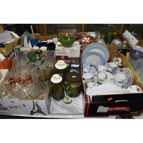 FOUR BOXES AND LOOSE CERAMICS AND GLASSWARE, to include dinner ware ...