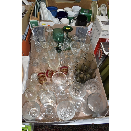 FOUR BOXES AND LOOSE CERAMICS AND GLASSWARE, to include dinner ware ...