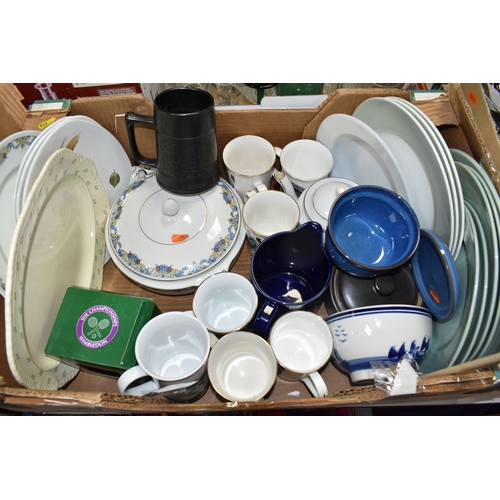 FOUR BOXES AND LOOSE CERAMICS AND GLASSWARE, to include dinner ware ...