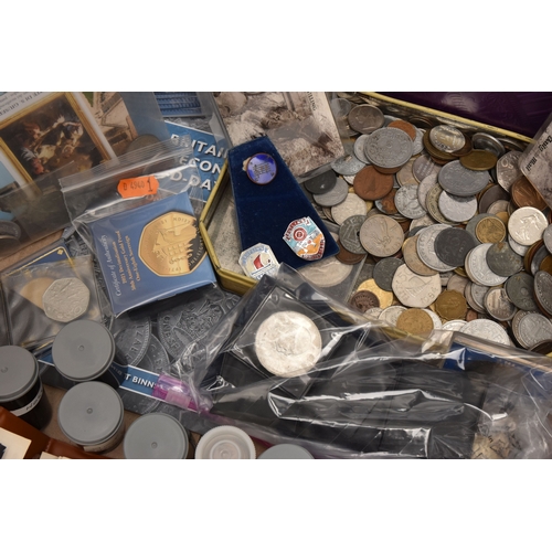 A LARGE CARDBOARD BOX OF MIXED COINS AND COMMEMORATIVE, BANKNOTES ETC ...