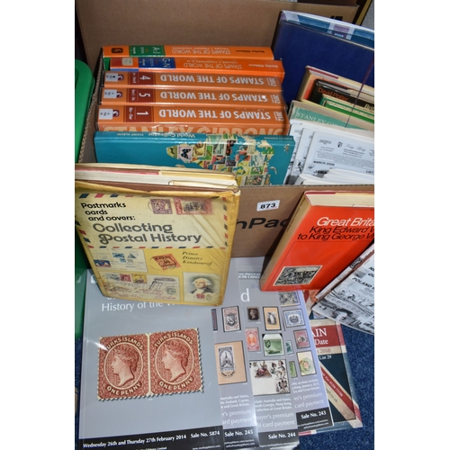 FIVE BOXES OF STAMP INTEREST BOOKS AND MAGAZINES, to include ...