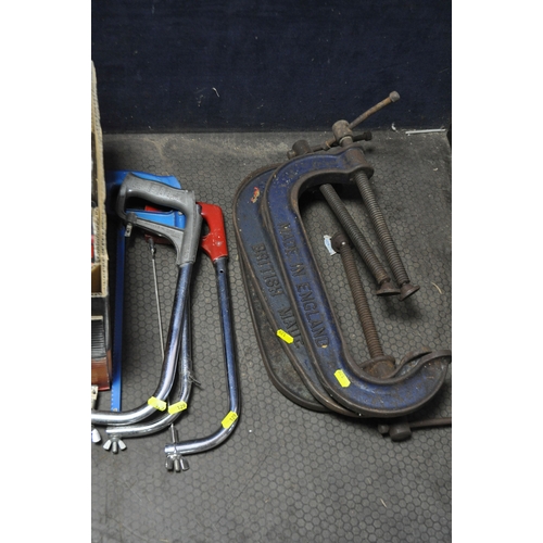 A CARDBOARD BOX CONTAINING VARIOUS HAND TOOLS, to include three woden G ...