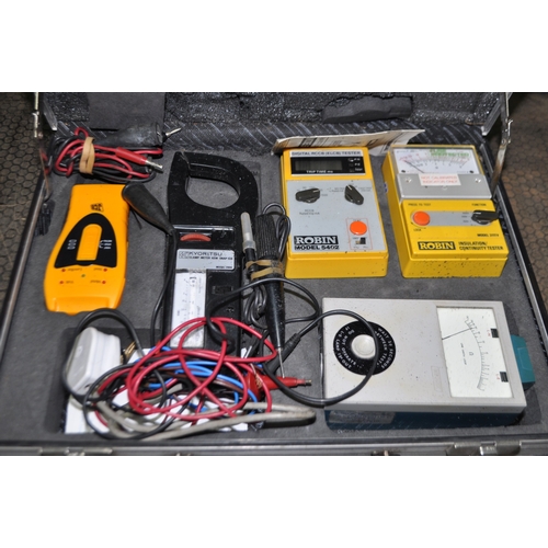 AN ALUMINIUM CASE CONTAINING ELECTRICAL TESTING TOOLS including meters ...