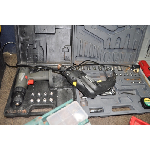 FOUR TOOLBOXES CONTAINING TOOLS, including a Wilko corded drill (PAT ...