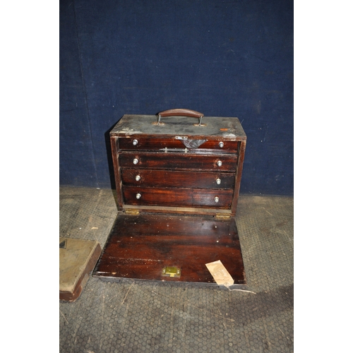 A WOODEN ENGINEERS TOOLBOX CONTAINING MARKING AND MEASURING EQUIPMENT ...