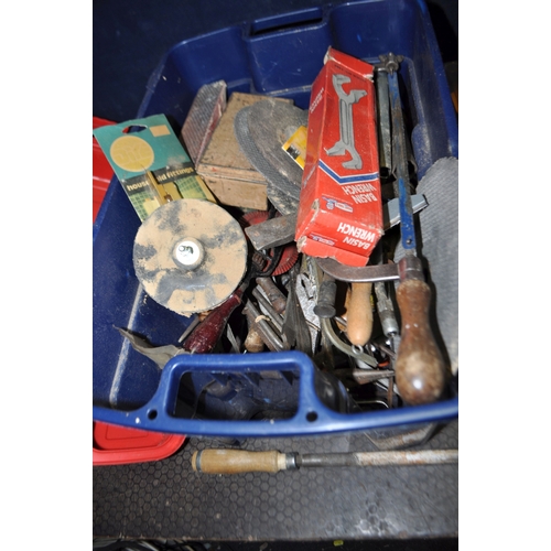 TWO TOOLBOXES AND A BOX CONTAINING TOOLS including spanners, box ...