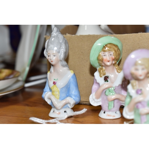A BOX AND LOOSE CRESTED WARE AND HALF DOLLS, to include Crested Ware ...