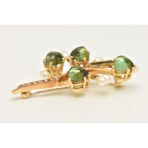 AN 18CT GOLD TOURMALINE, CULTURED PEARL AND DIAMOND FLORAL SPRAY BROOCH ...