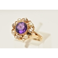 A YELLOW METAL AMETHYST, DIAMOND AND SEED PEARL RING, circular cut ...