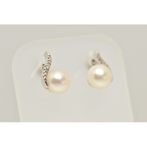 A PAIR OF DIAMOND AND CULTURED PEARL DROP EARRINGS, each earring set ...