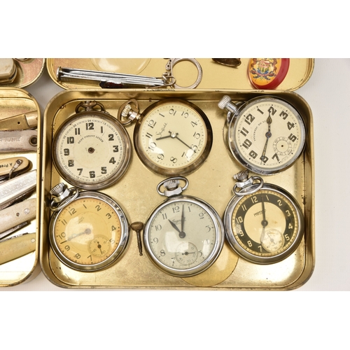A TIN OF POCKET WATCHES AND A TIN OF POCKET KNIVES, the first tin ...