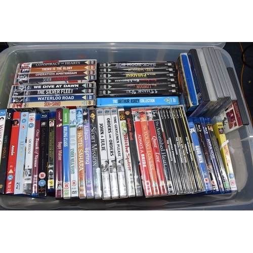 TWO BOXES OF DVDS AND BLU-RAY DISCS, over seventy DVDs, DVD sets and ...
