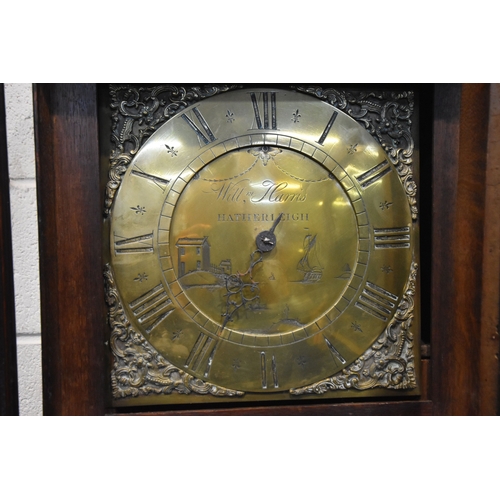 A GEORGIAN OAK CASED 30 HOUR LONGCASE CLOCK, with twin swan neck ...