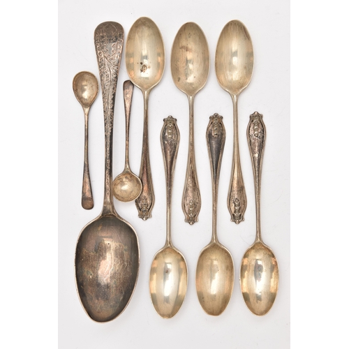 A SELECTION OF SILVER SPOONS, to include a desert spoon, a set of six ...